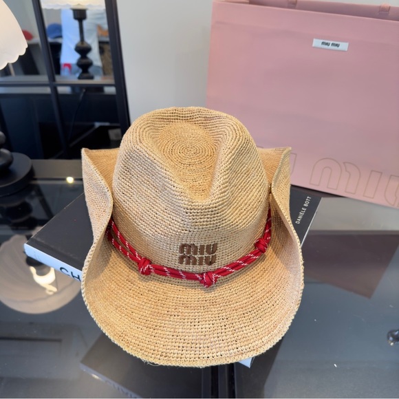 Miu Miu | Accessories | Miu Miu Natural Straw Cowboy Hat With Red Band ...